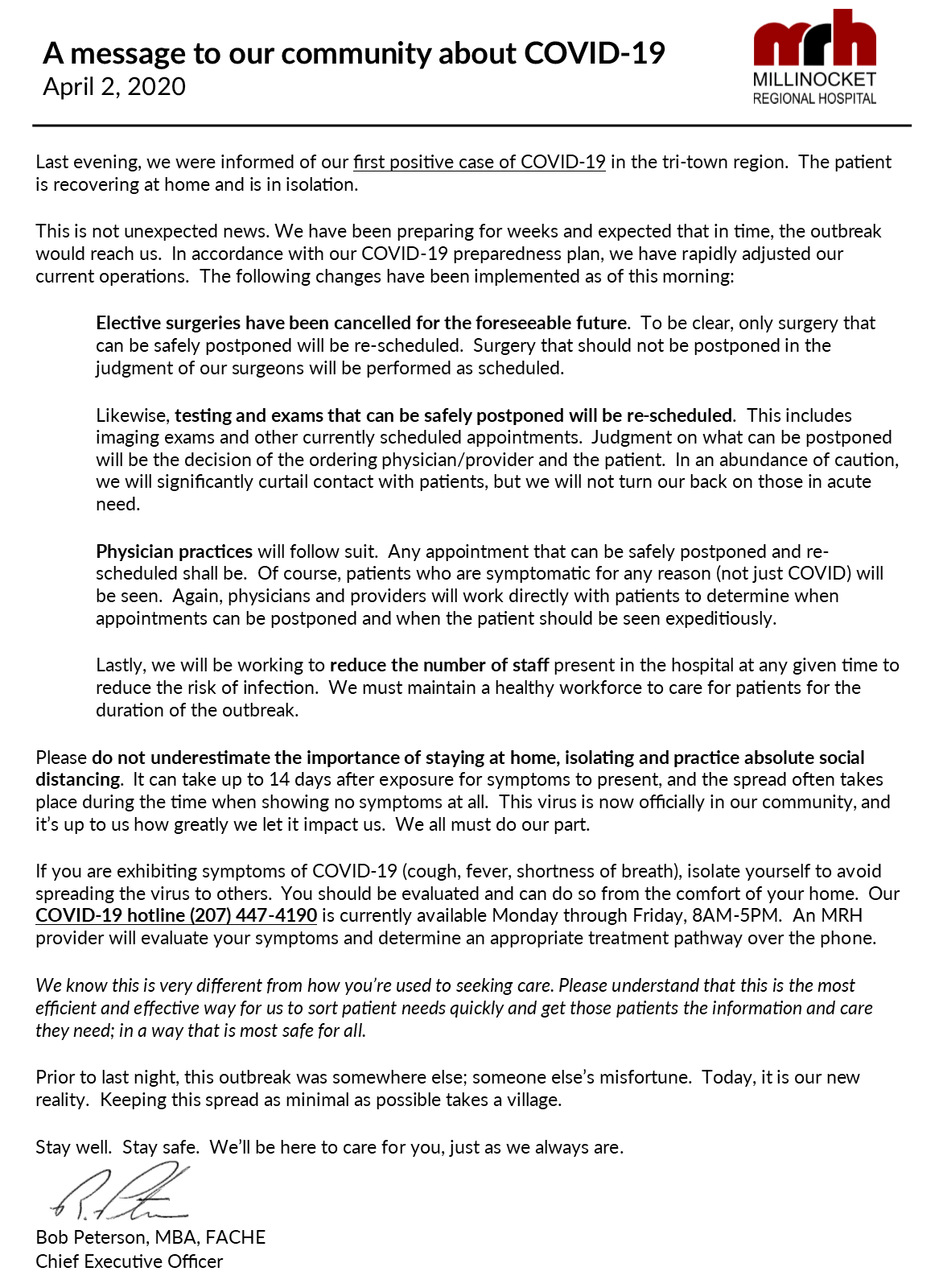Millinocket Regional Hospital | A letter to our community about COVID ...